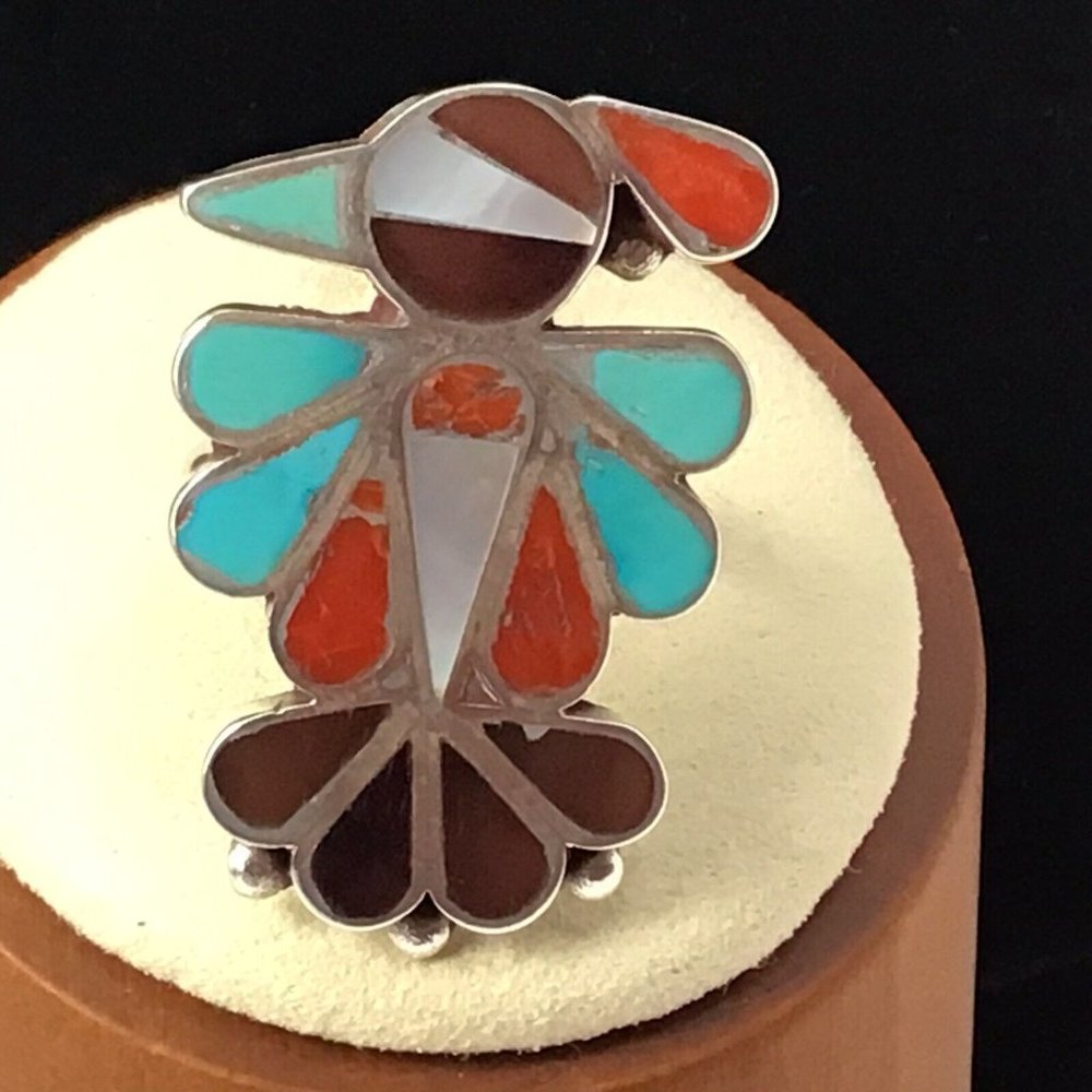 Vintage Zuni Thunderbird Ring Turquoise Coral Onyx Mo… - Gem